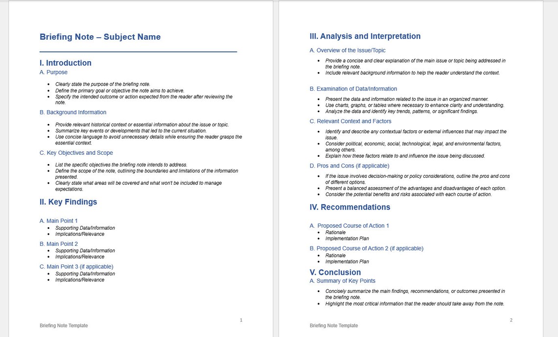 Briefing Note Template With Instructions - Etsy