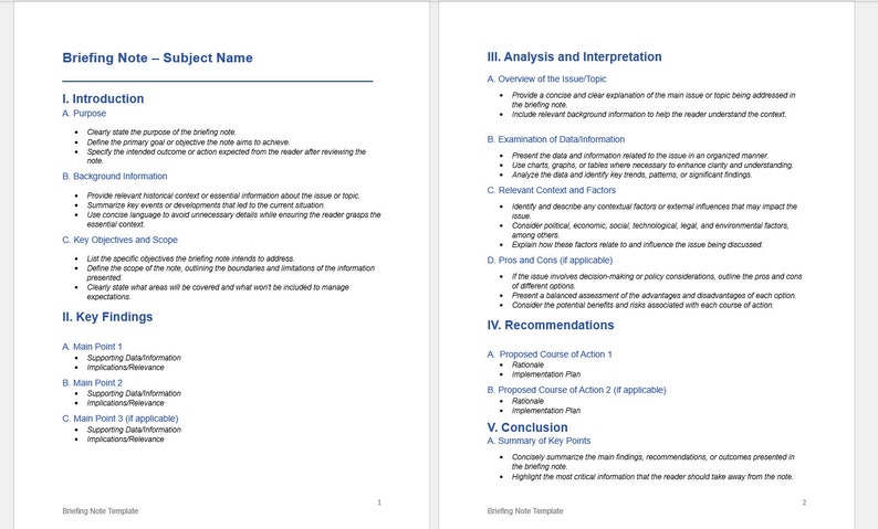 Briefing Note Template With Instructions - Etsy