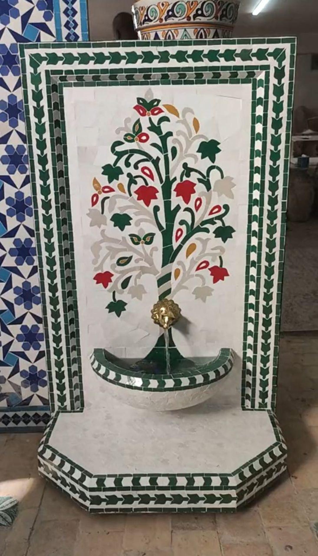 Green Moroccan Mosaic Fountain – Handcrafted Zellige Tile Water Feature ...