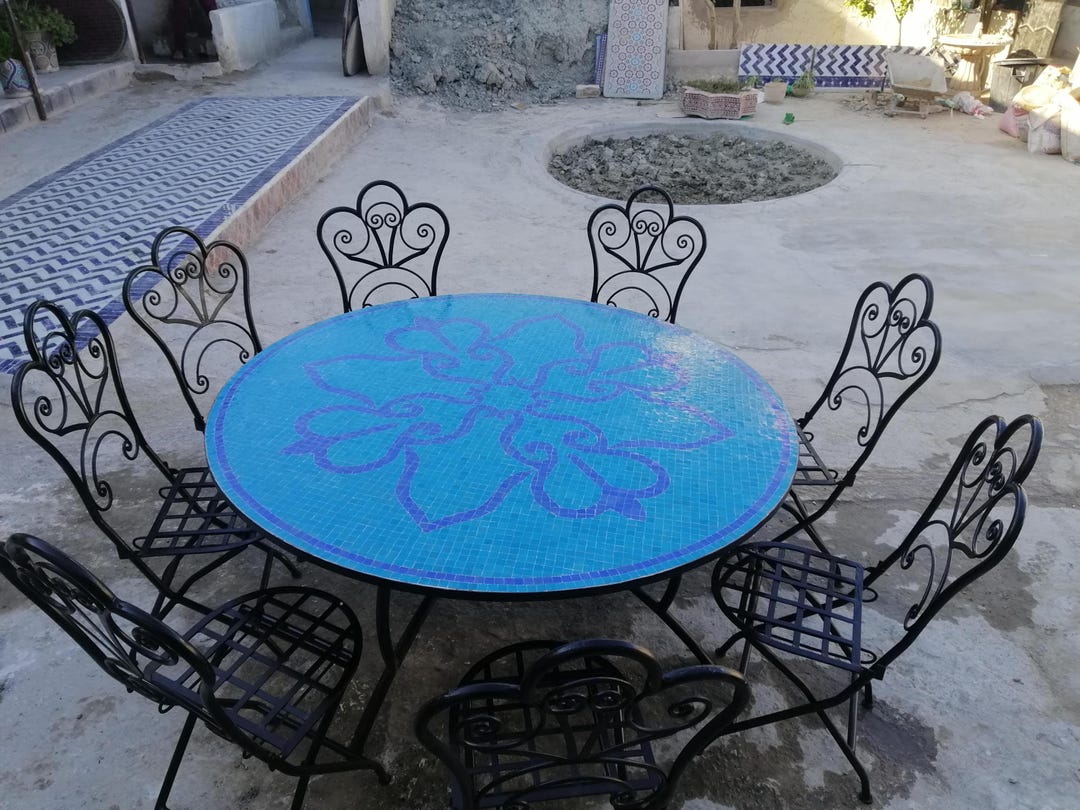 Rare Blue Moroccan Mosaic Table, Handmade Round Zellige Tile Art, One ...