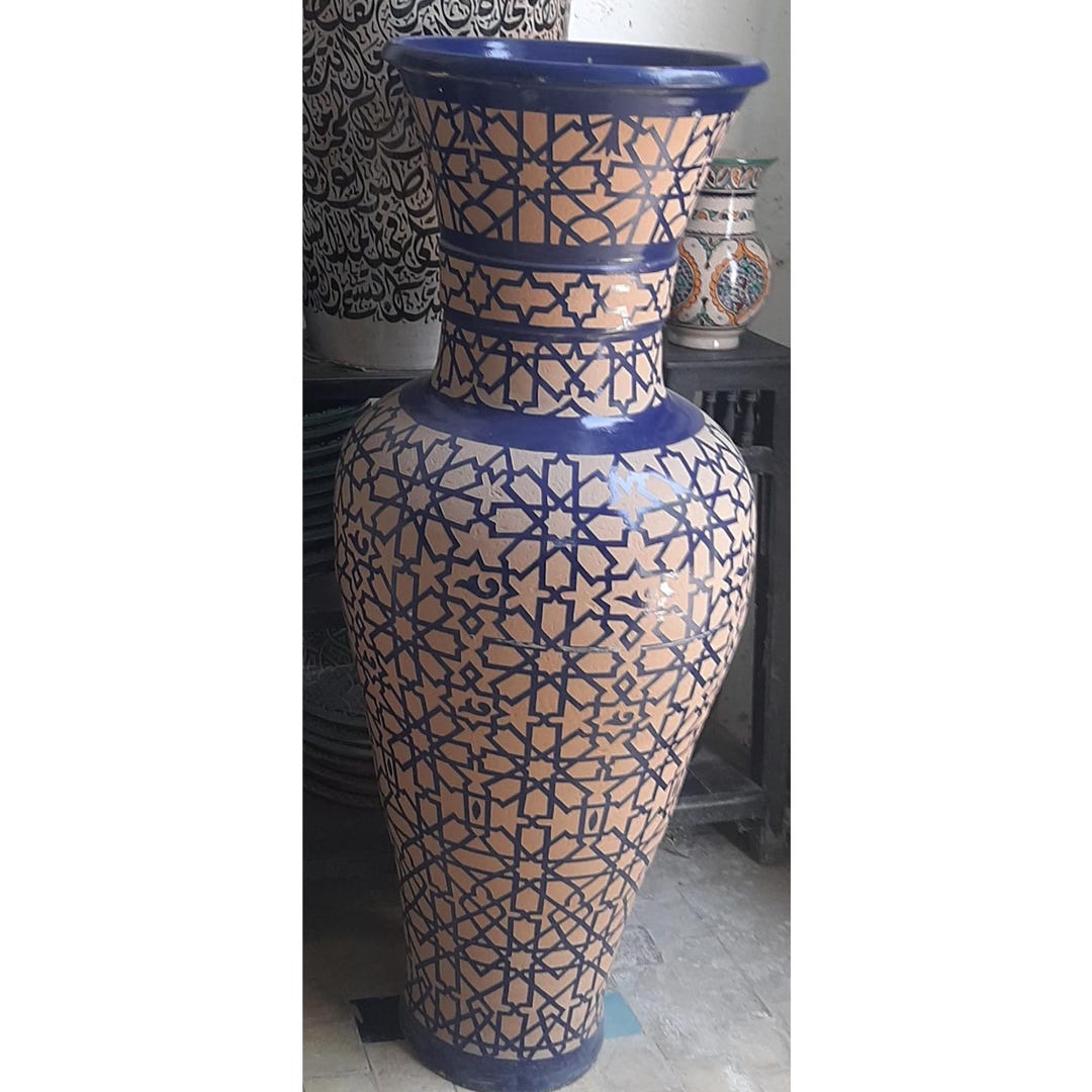 Handmade Moroccan Chiseled Pottery Vase, Engraved Fes Ceramic Home ...