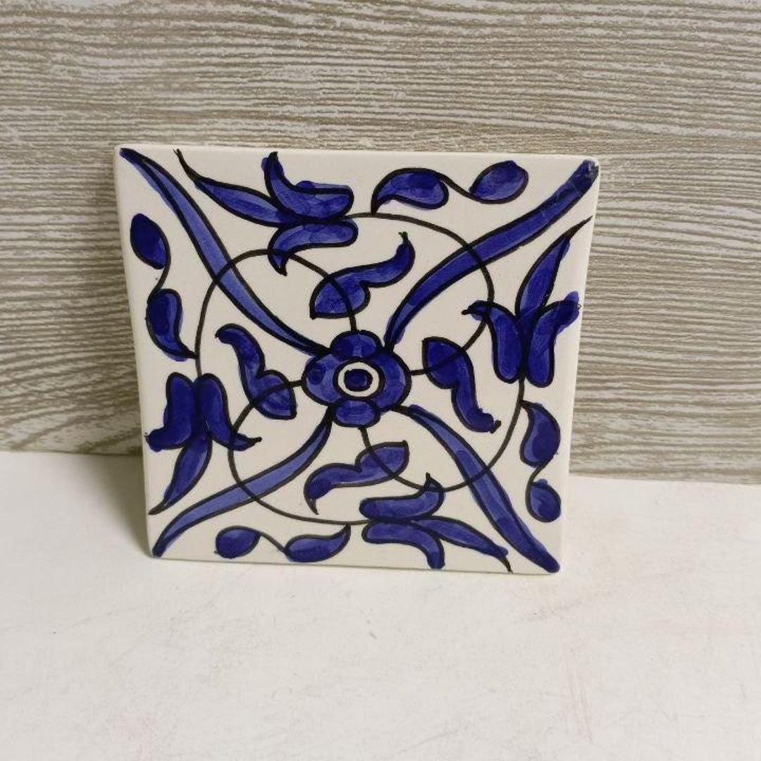 Hand Painted Moroccan Zellige Tile 4x4 Inch – Blue Floral Ceramic Wall ...