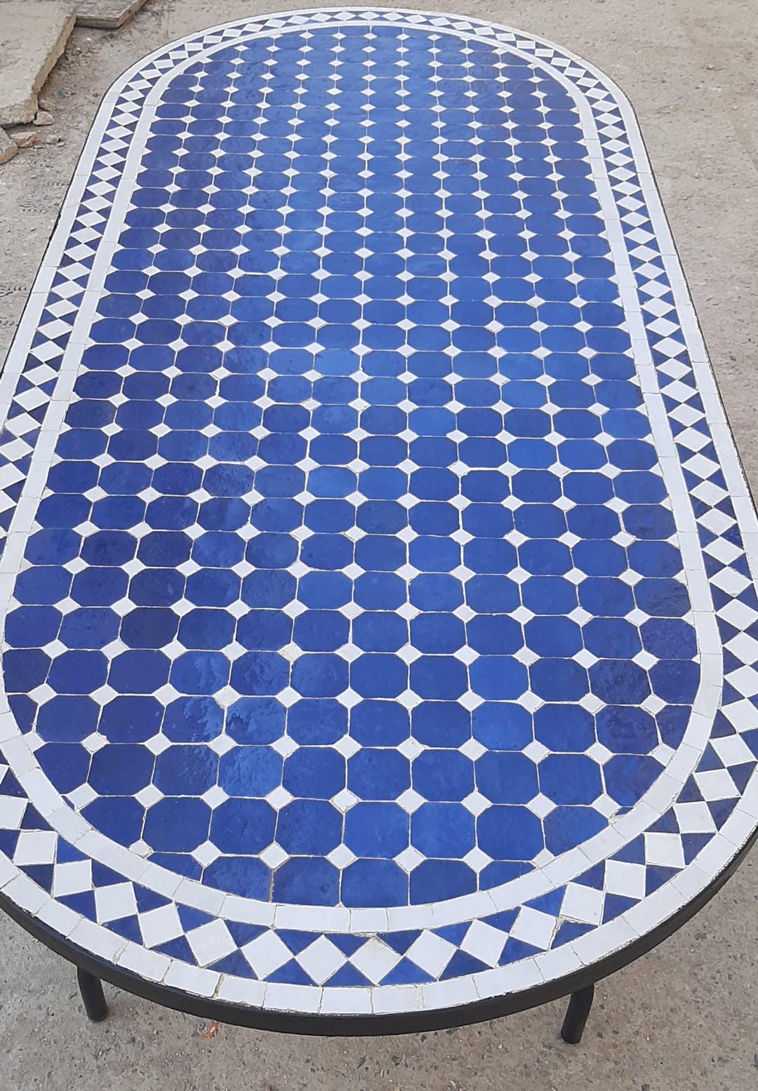 Handmade Blue Oval Mosaic Tile Table: Moroccan Zellige Patio Dining - Etsy