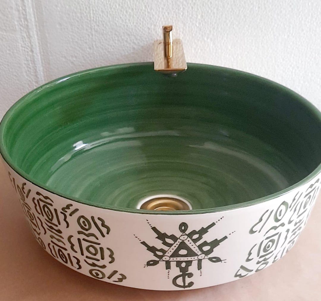 Handmade Moroccan Green Ceramic Vessel Sink: Hand-painted Bathroom ...