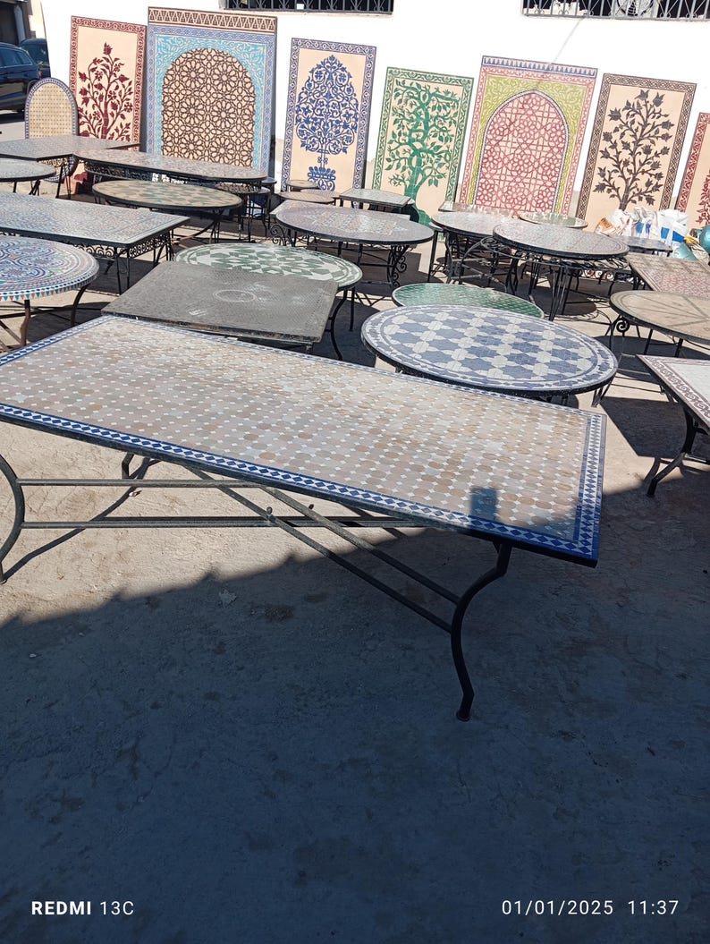 Handmade Moroccan Mosaic Bistro Table: White & Blue Zellige Tile Star ...