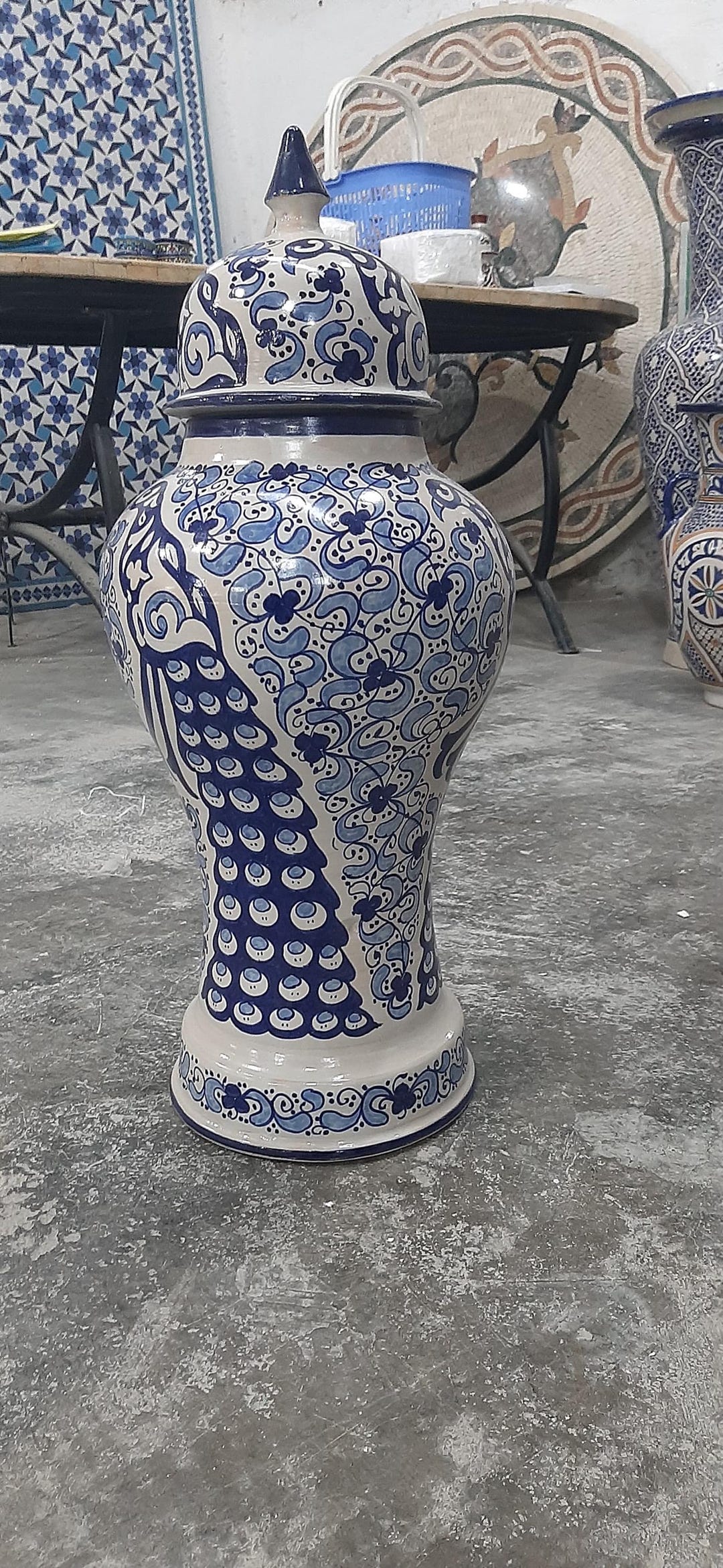 Handmade Moroccan Pottery Vase: Blue Fes Ceramic, Chiseled Home Decor ...