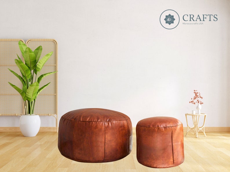 Authentic Handcrafted Tan Leather Pouf-tan Round Leather Coffe Table ...