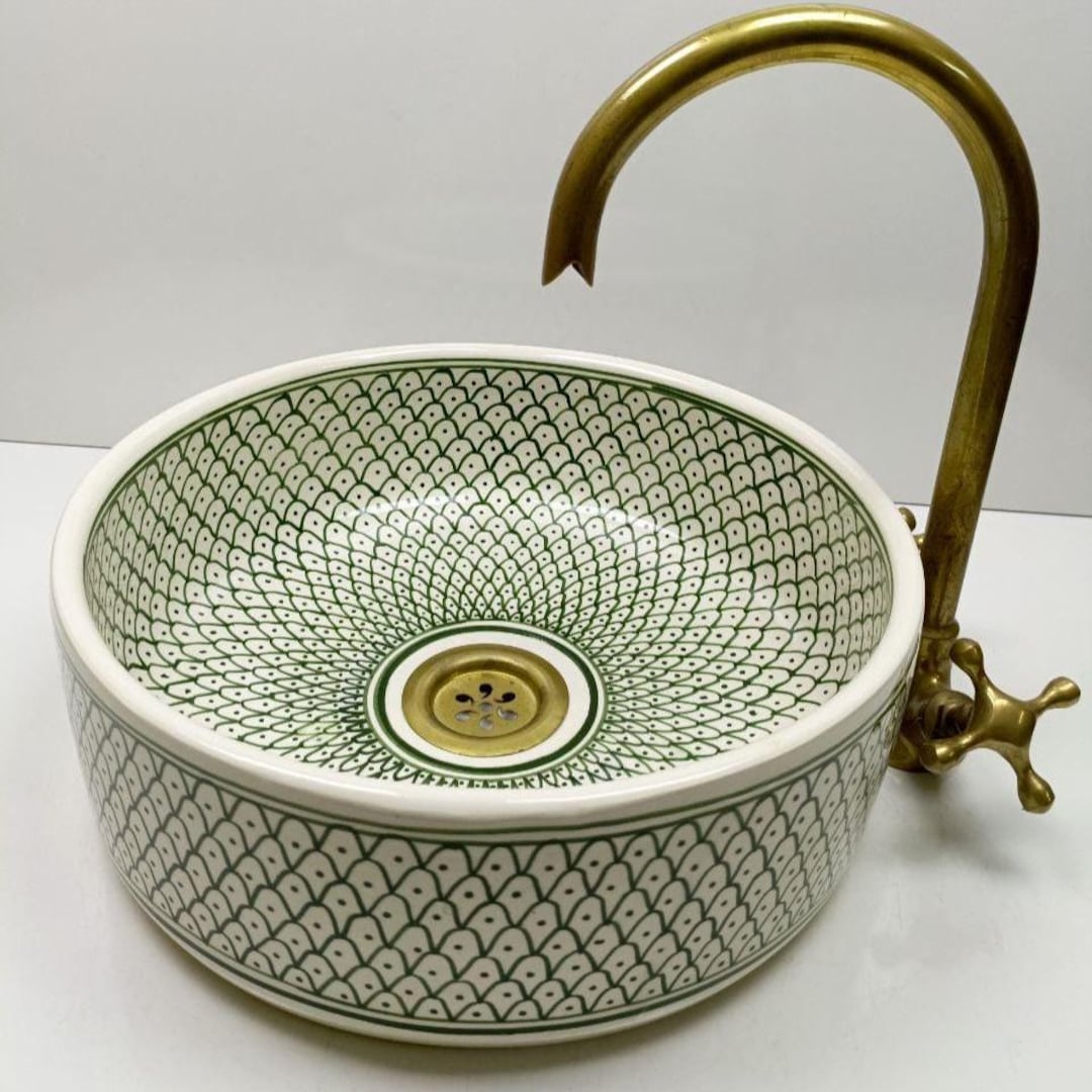 Moroccan Round Ceramic Sink – Green Fish-scale Pattern Basin – Handmade ...