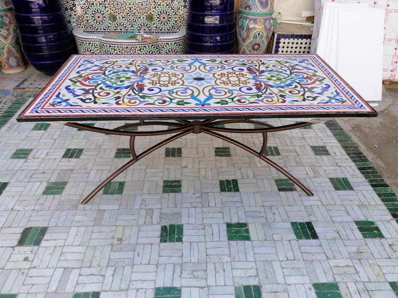 Handmade Moroccan Mosaic Rectangle Table: Zellige Tile Floral Patio ...