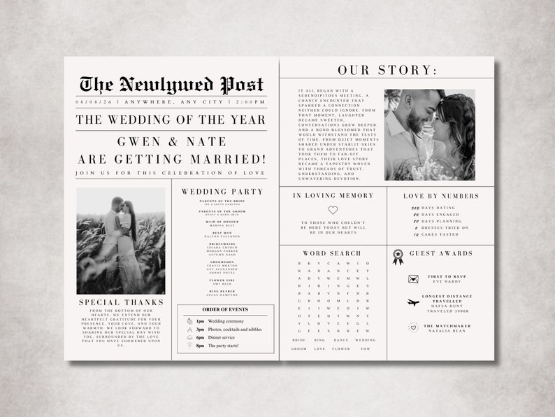 Newspaper Wedding Program Template, Wedding Itinerary, Wedding ...