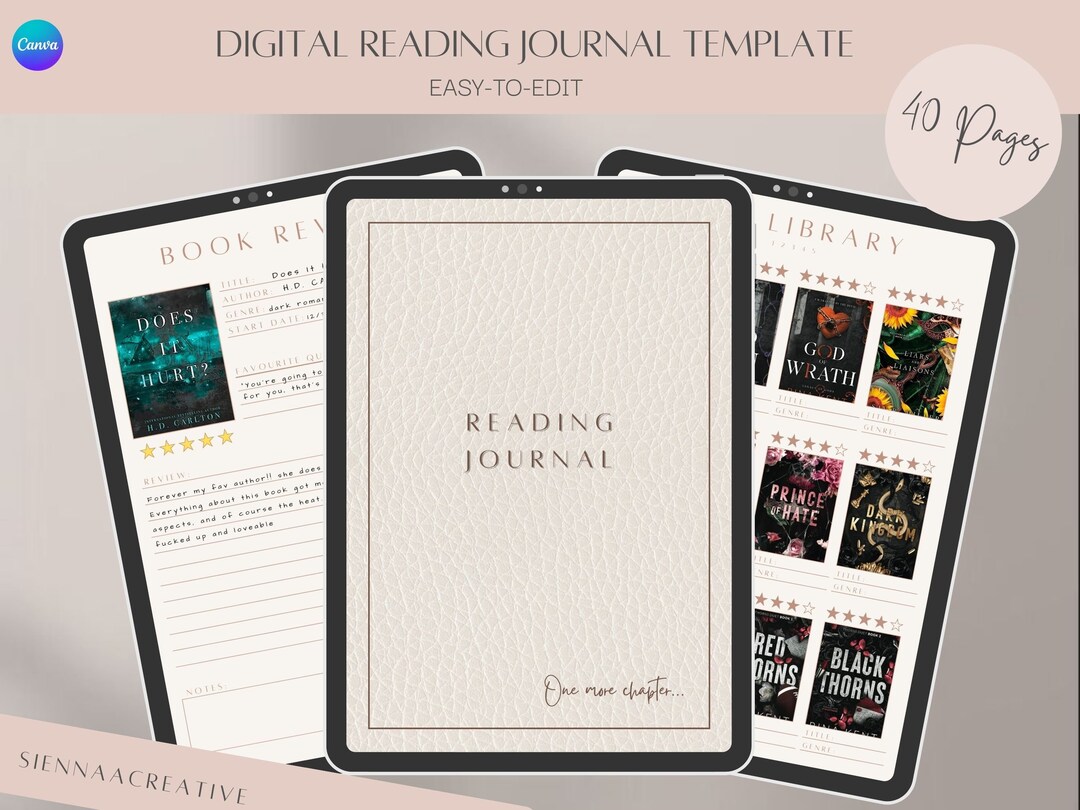 Digital Reading Journal, Canva Template, Book Review, Library Tracker ...