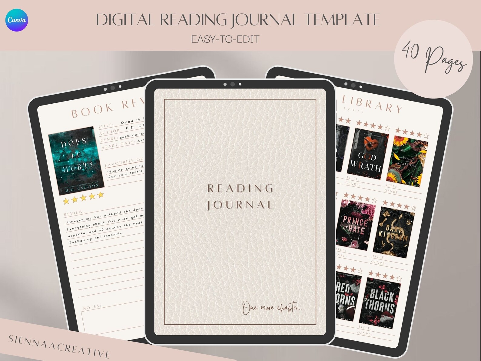 Digital Reading Journal, Canva Template, Book Review, Library Tracker ...