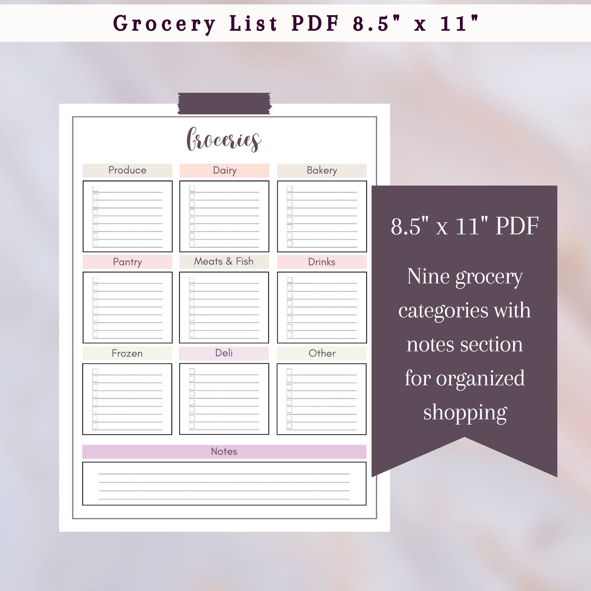 Instant Download Meal Planner With Grocery List, Printable PDF, 8.5x11 ...