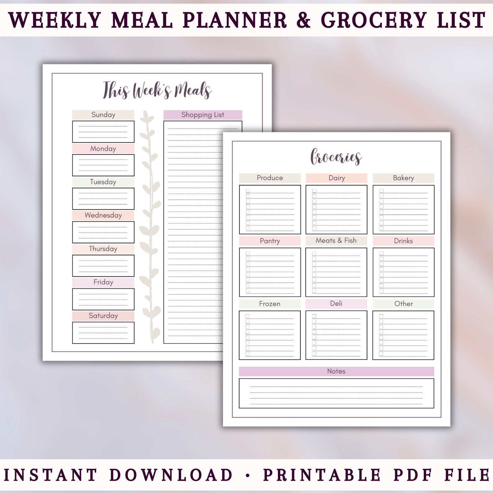 Instant Download Meal Planner With Grocery List, Printable PDF, 8.5x11 ...
