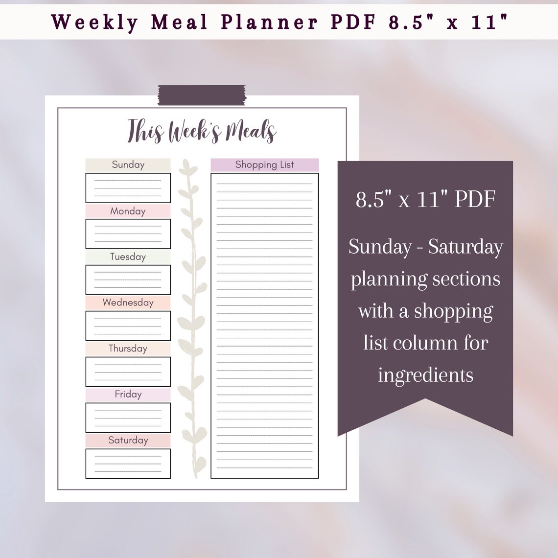 Instant Download Meal Planner With Grocery List, Printable PDF, 8.5x11 ...