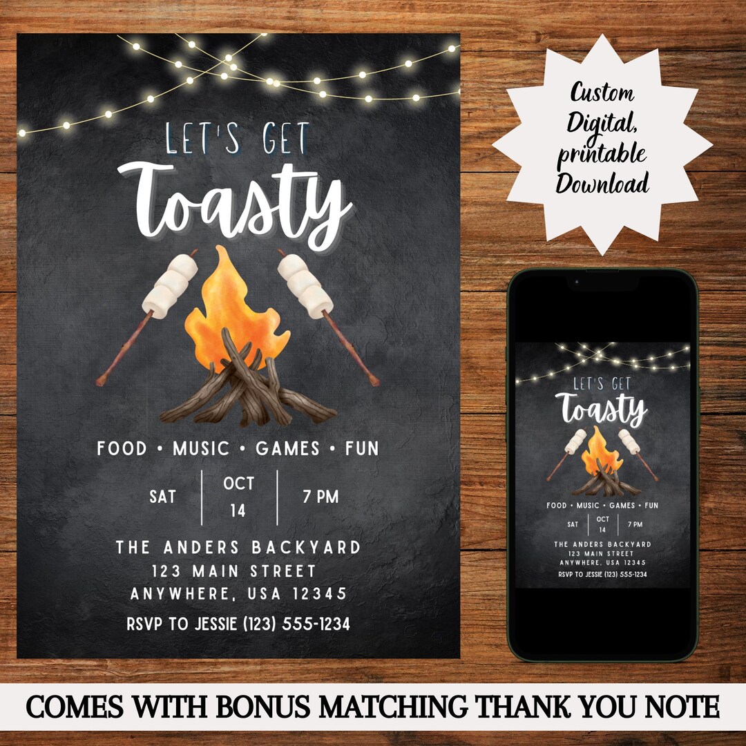 Let's Get Toasty Invitation, Matching Thank You Note Included, Custom ...