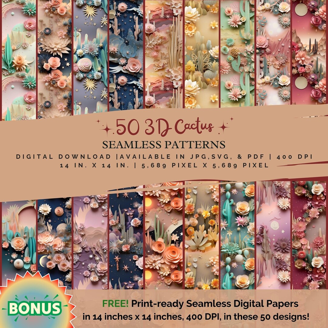 50 3D Chrome Florals Seamless Patterns, Florall, Seam Less, Digital ...