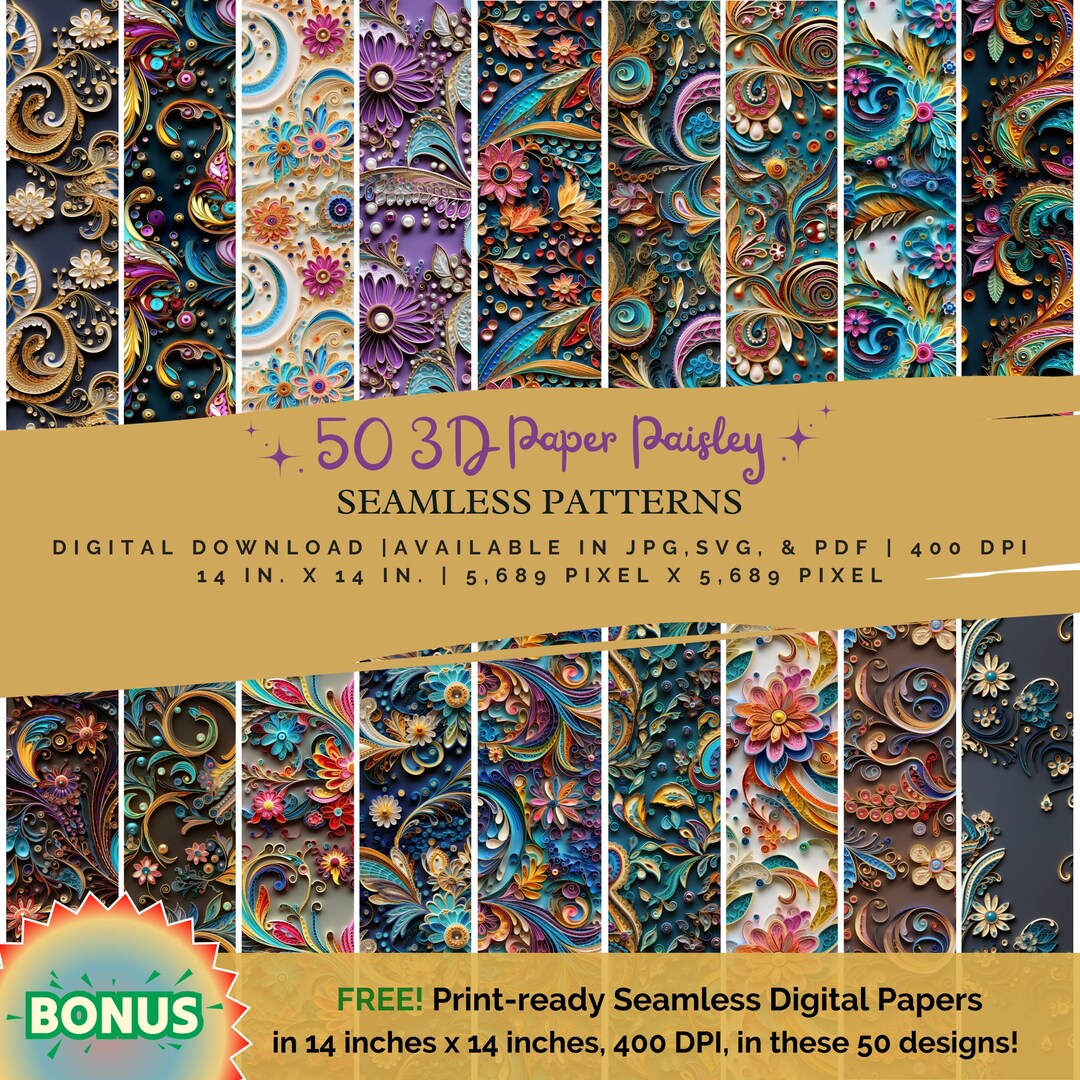 50 3D Paper Paisley Seamless Patterns, Paisley Pattern, Digital Papered ...