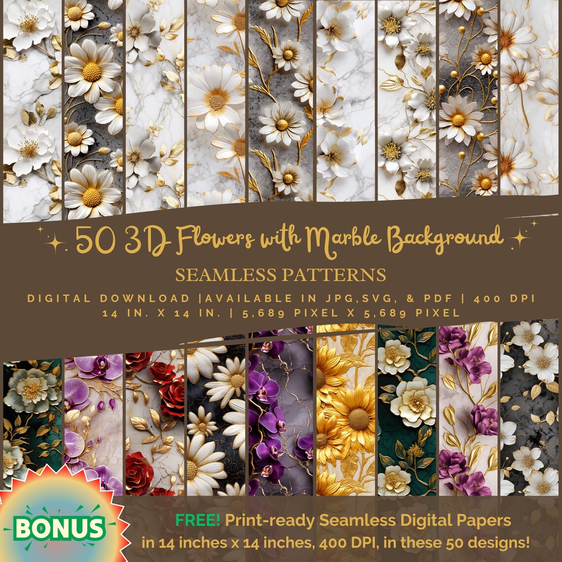 50 3D Flowers With Marble Background Seamless Patterns, Digital Papered ...