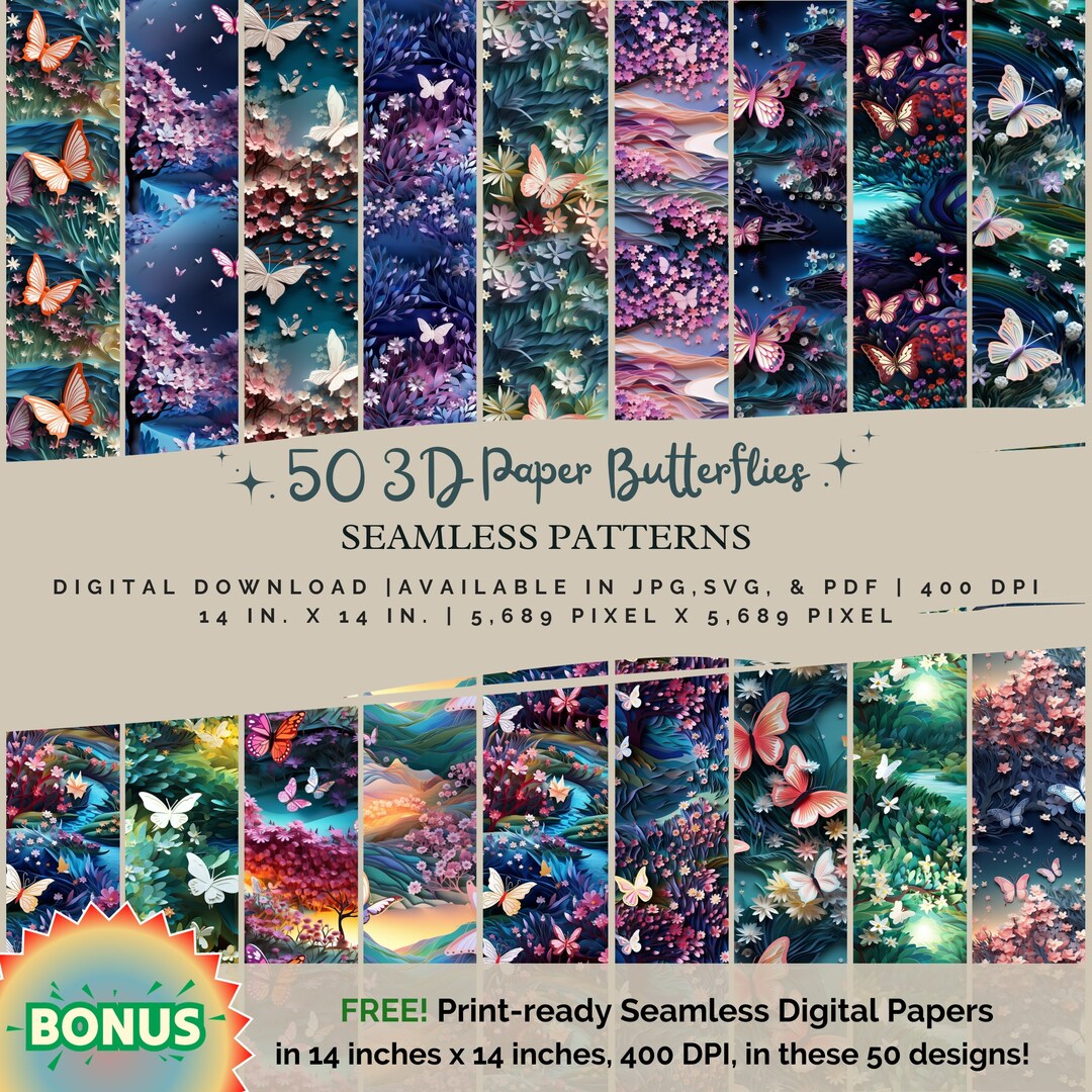 50 3D Paper Butterflies Seamless Patterns, Butterflies Pattern, Butter ...
