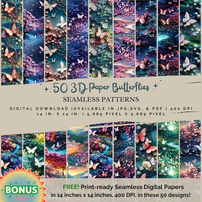 50 3D Paper Butterflies Seamless Patterns, Butterflies Pattern, Butter ...