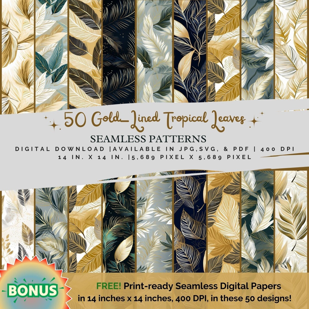 50 Gold-lined Tropical Leaves Seamless Patterns, Tropical Seamless ...