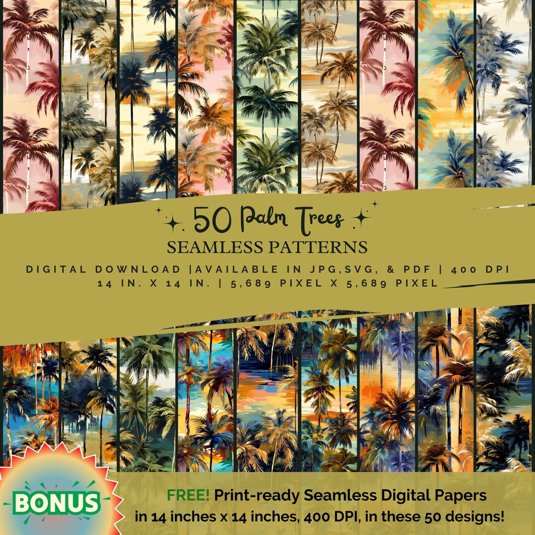 50 Palm Trees Seamless Patterns, Tropical Seamless Pattern, Trees ...