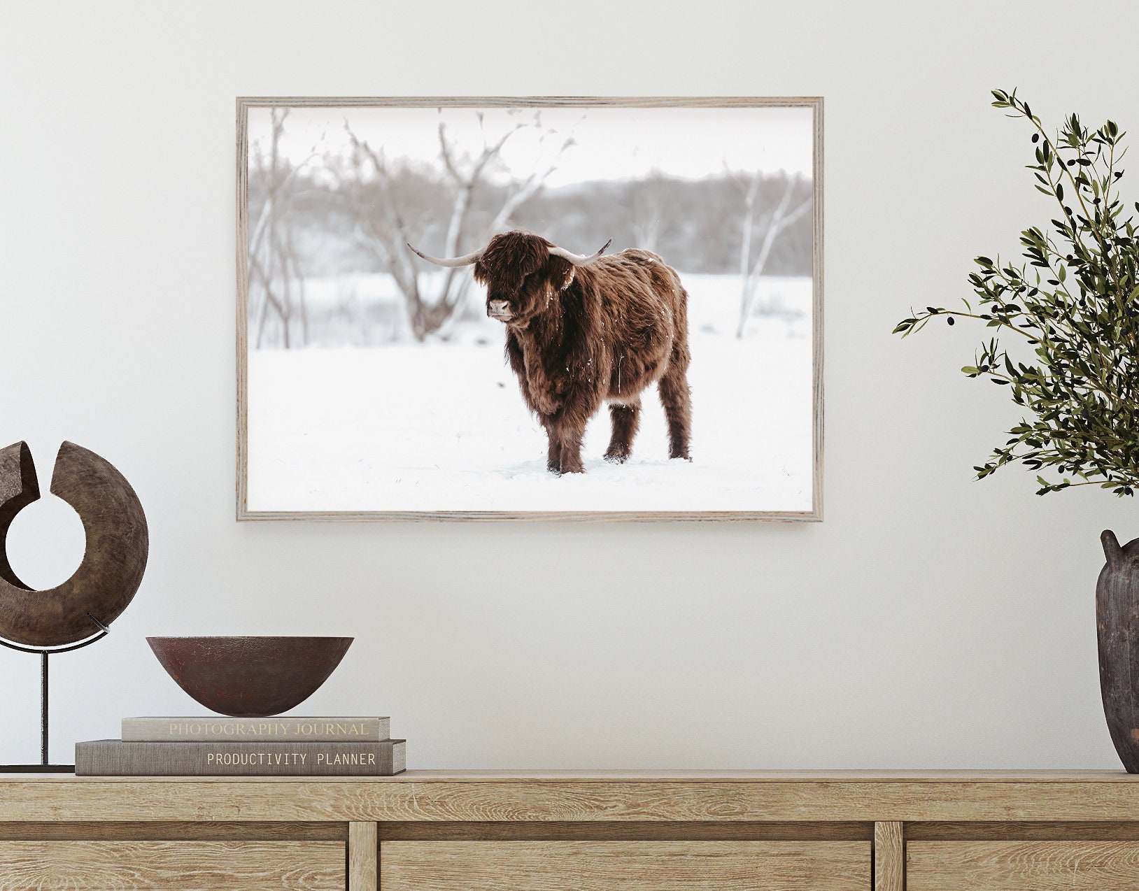 Snowy Highland Cow Printable, Dark Brown Shaggy Cow, Farm Winter ...