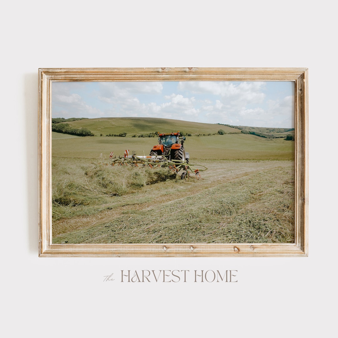 Baling Hay Wall Art, Summer Hay Harvest Print, Tractor Turning Hay ...