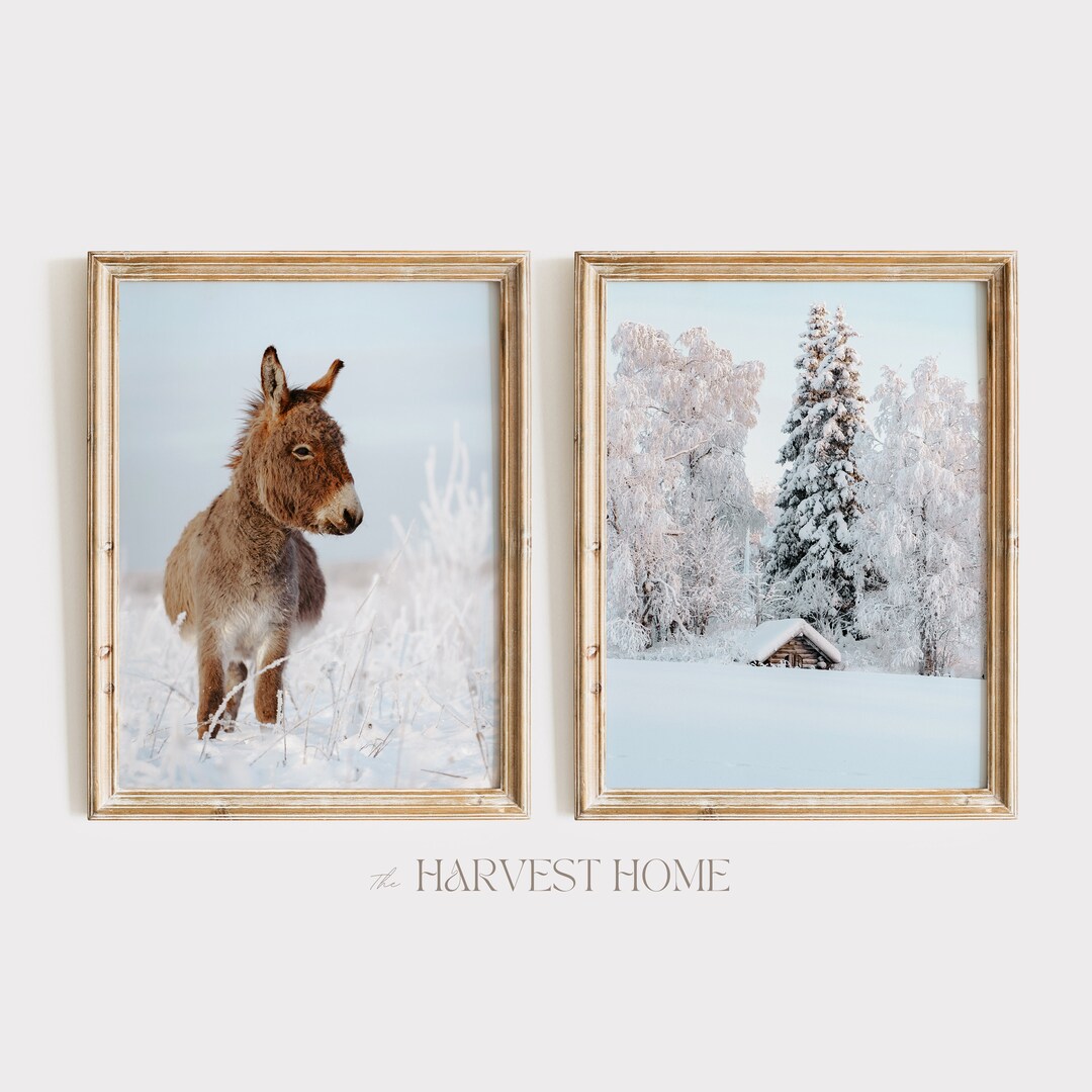 Donkey Winter Print Set, Set of 2 Prints, Snowed in Cabin, Brown Donkey ...