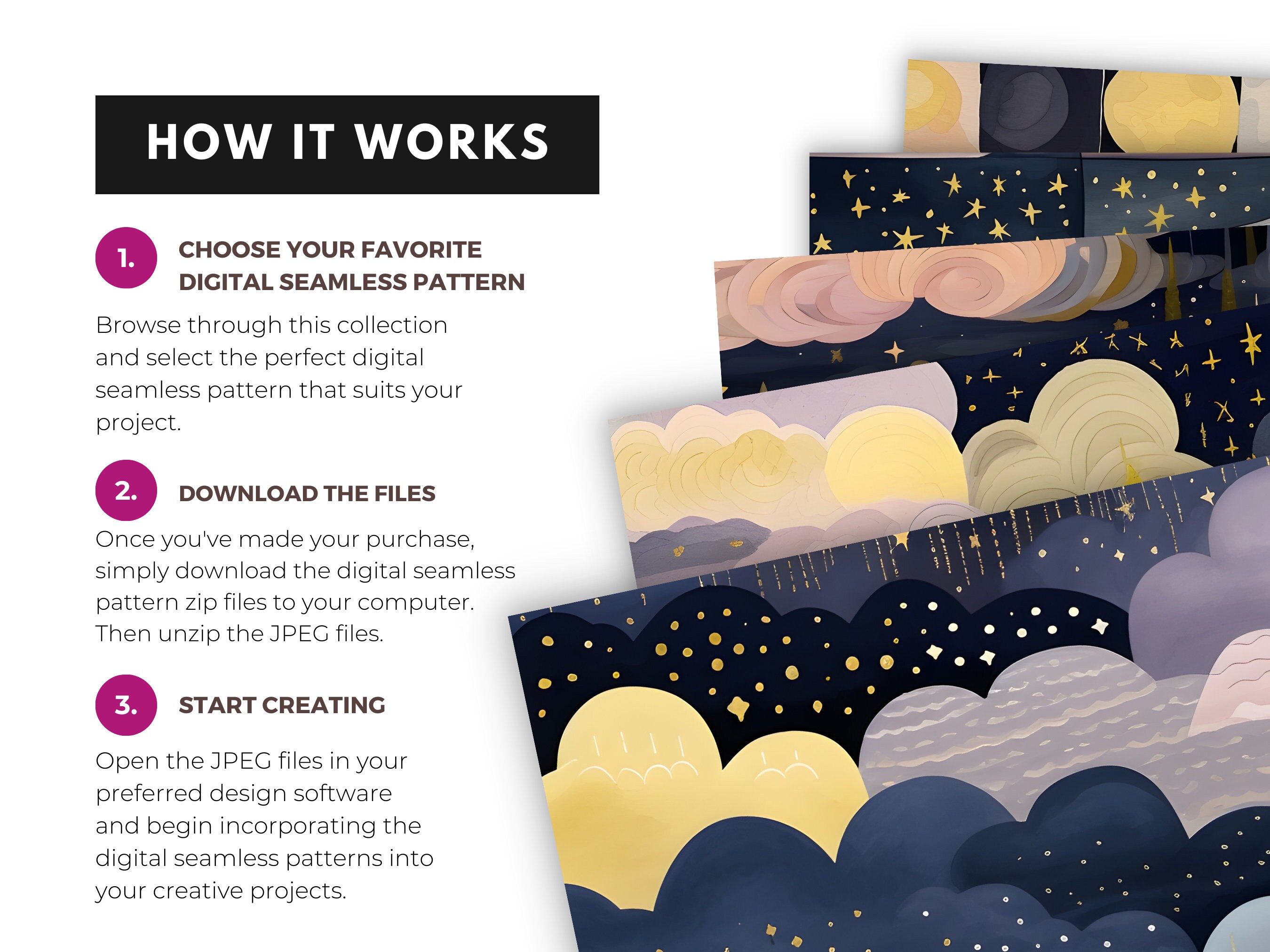 Moody Stars, Moons, Clouds Seamless Patterns - Digital Patterns ...