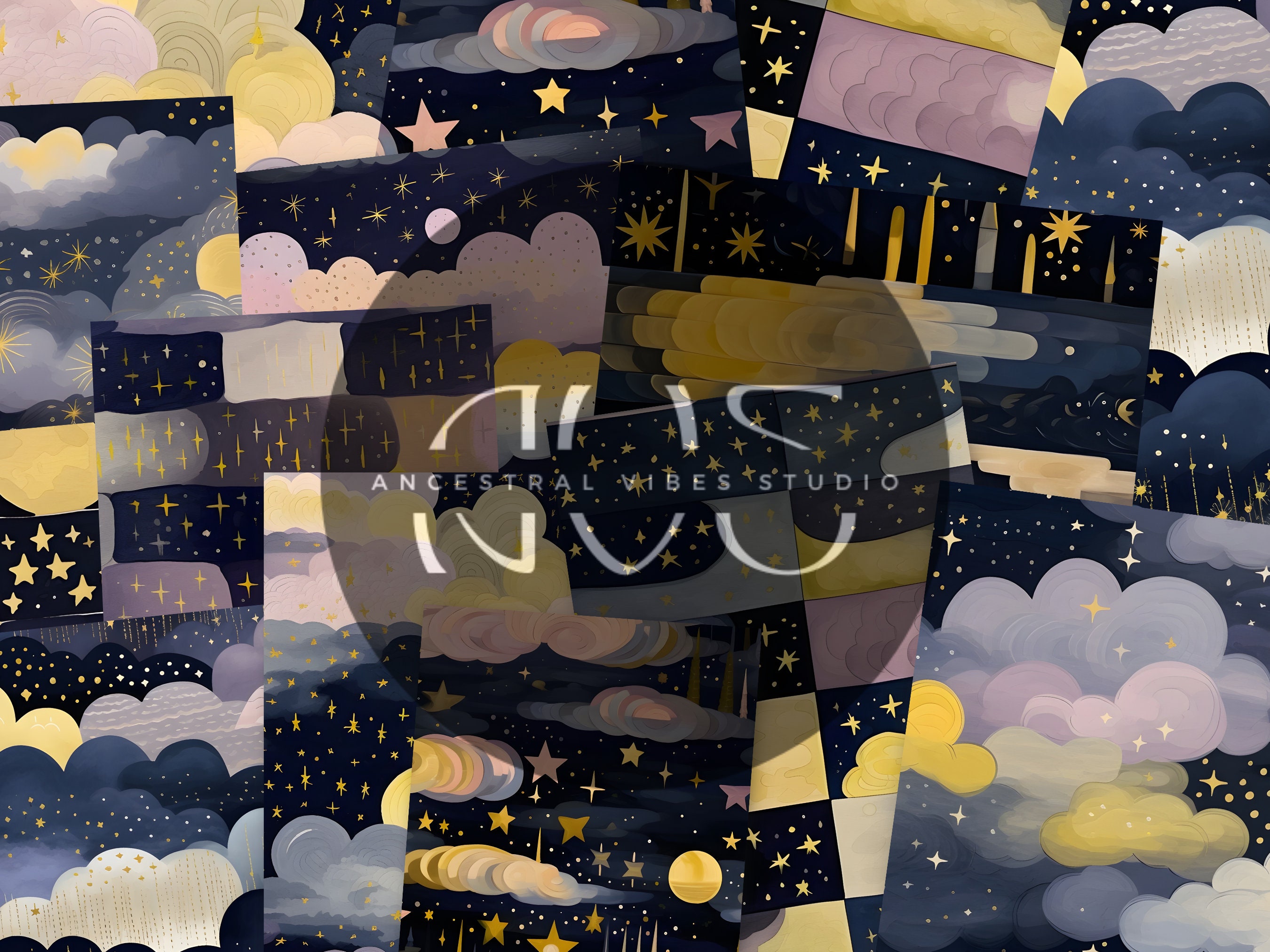 Moody Stars, Moons, Clouds Seamless Patterns - Digital Patterns ...