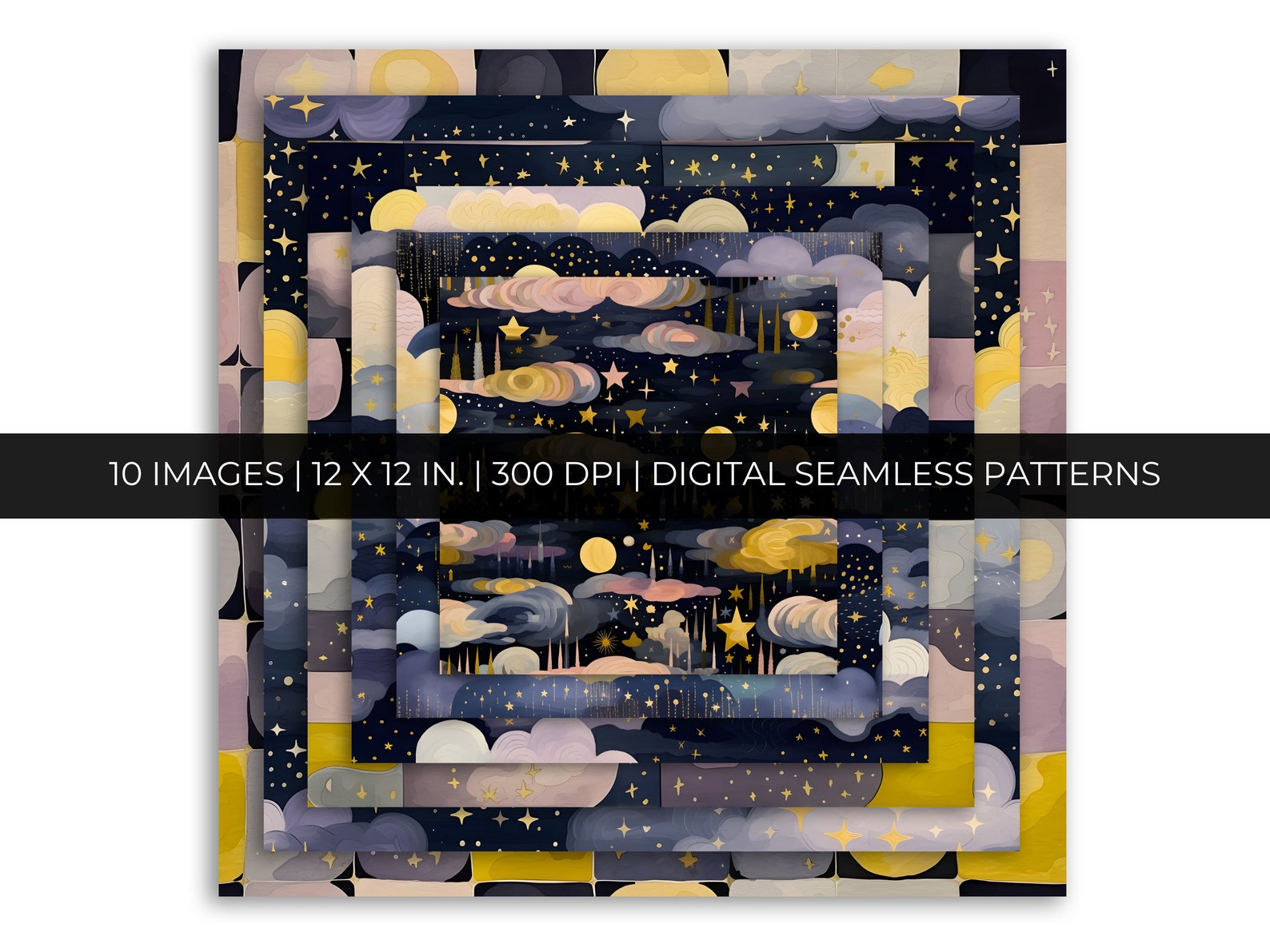 Moody Stars, Moons, Clouds Seamless Patterns - Digital Patterns ...
