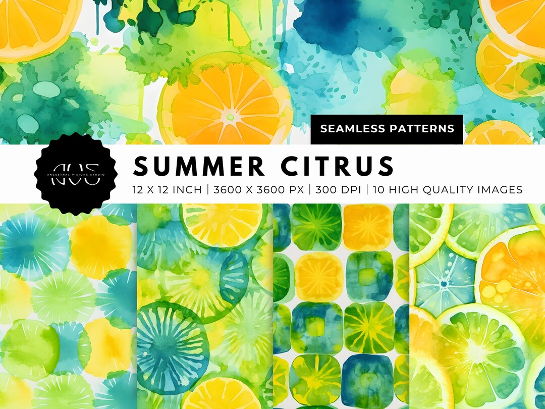 Summer Citrus: Digital Seamless Patterns, Lemons, Limes, Abstract ...