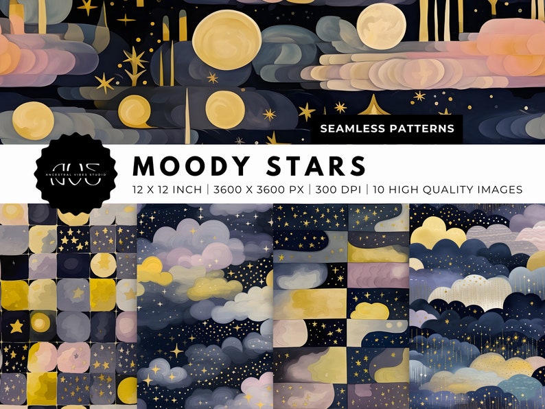 Moody Stars, Moons, Clouds Seamless Patterns - Digital Patterns ...