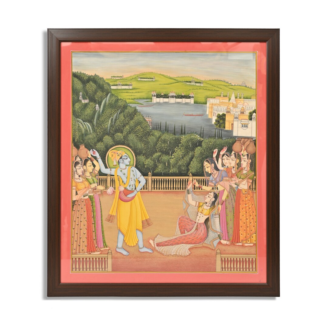 Handmade Painting Krishna Rasa Lila Indian Folk Art Watercolor Framed ...