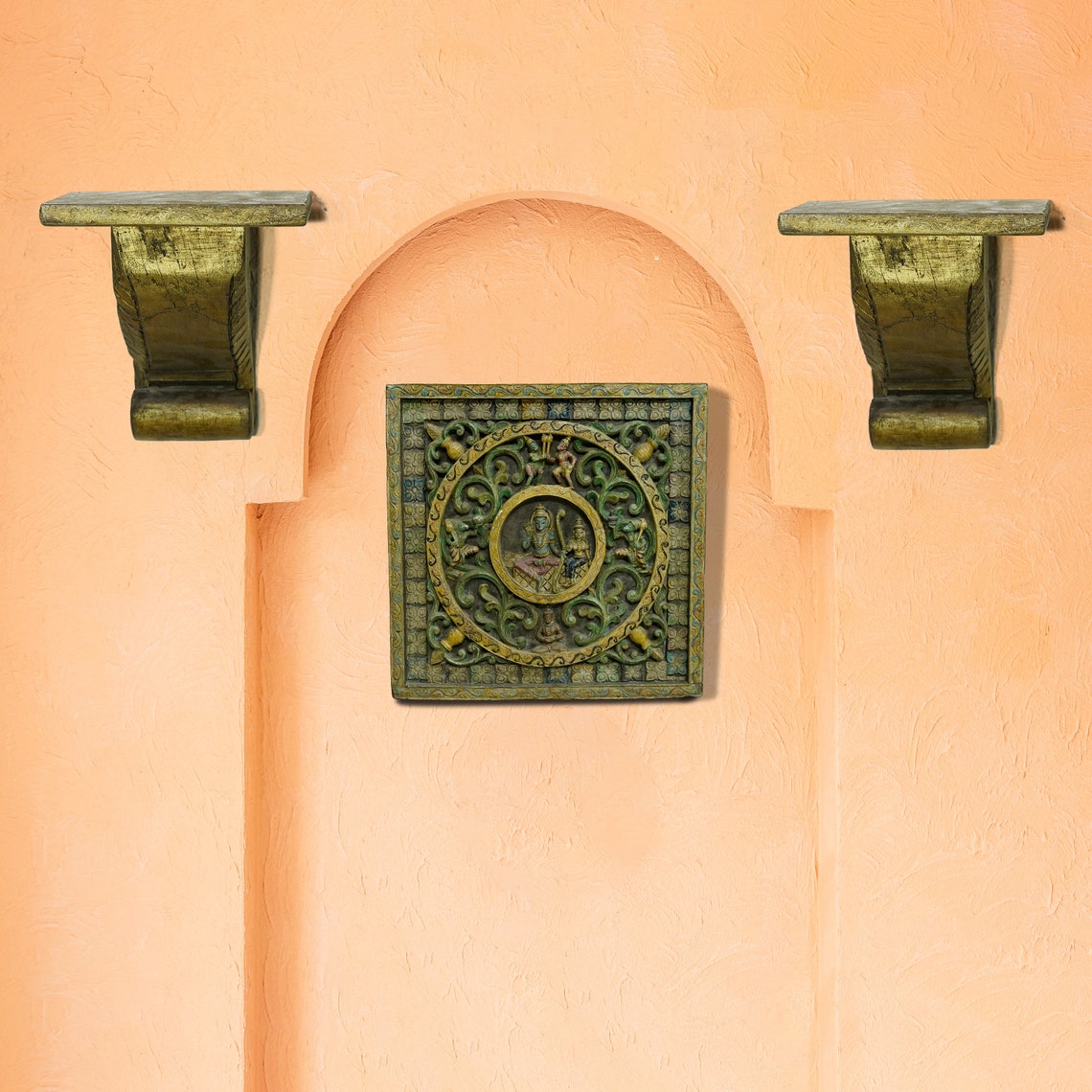 Vintage Wood Wall Bracket Swirl Design Indian Hand Carved Corbel Shelf ...