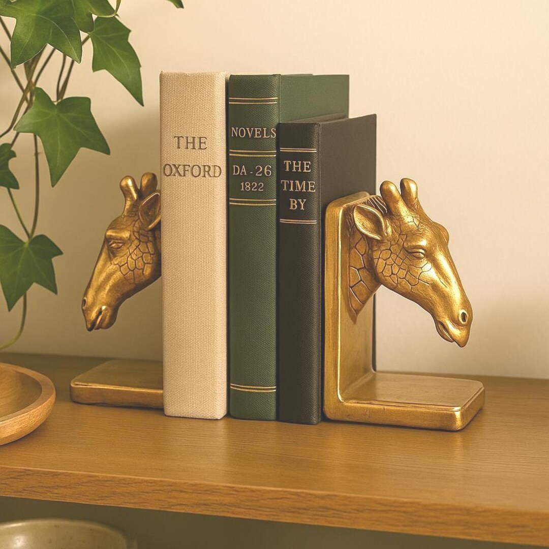 Antique Gold Giraffe Bookend Set | Resin Bookends | Safari Animal Shelf ...