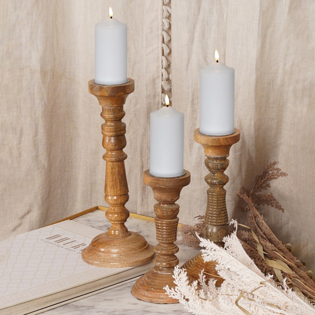 Vintage Turned Wood Candle Stand Decorative Home Lighting Art Pedestal ...