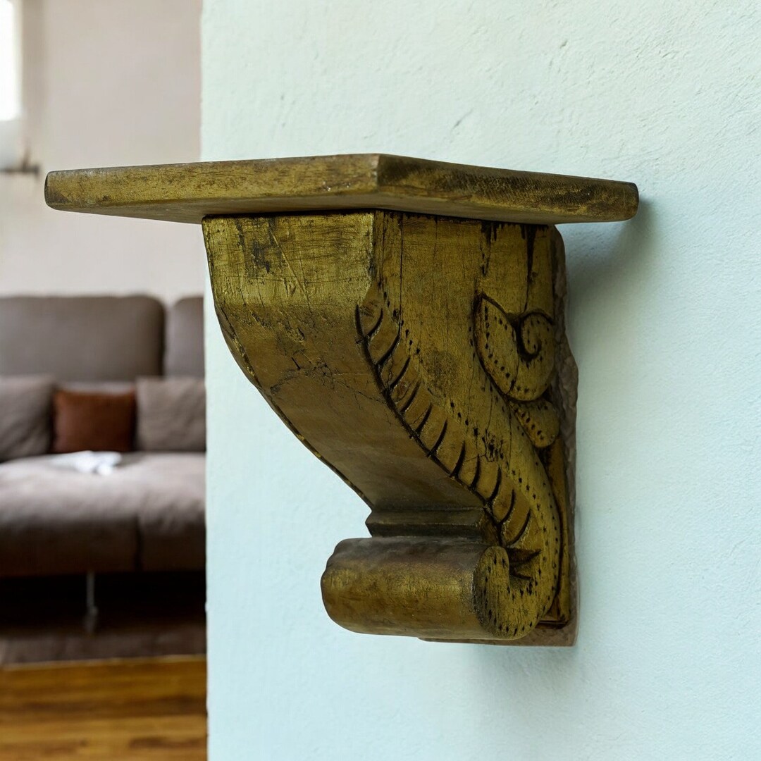 Vintage Wood Wall Bracket Swirl Design Indian Hand Carved Corbel Shelf ...