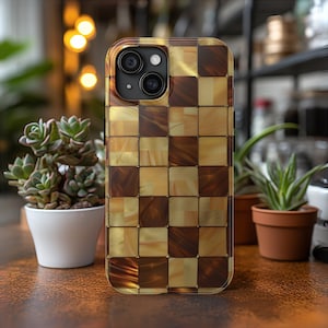 Tan & Brown Checkerboard Phone Case Faux Stained Glass Retro Checkered ...