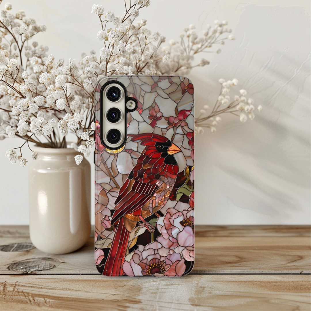 Cardinal Phone Case Floral Bird Cover Faux Stained Glass Birdwatcher ...