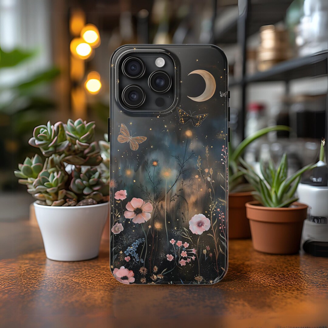 Celestial Night Sky Phone Case Flowers Butterfly Fireflies Moon and ...