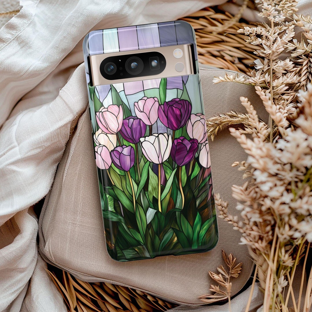 Spring Flower Phone Case Purple Pink Tulip Faux Stained Glass Floral ...