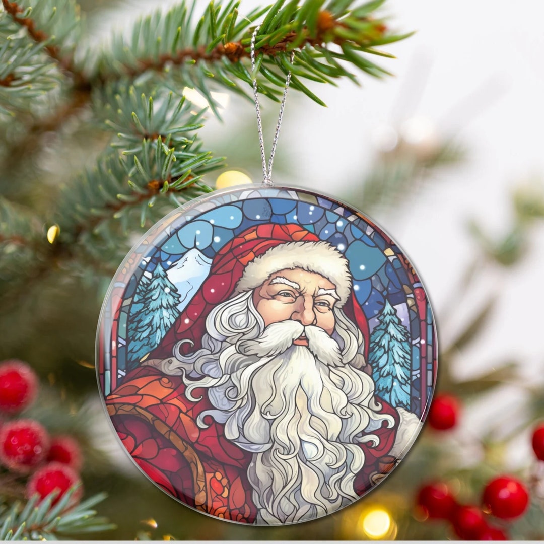 Christmas Ornament Stained Glass Vintage Santa Design, Faux Stained ...