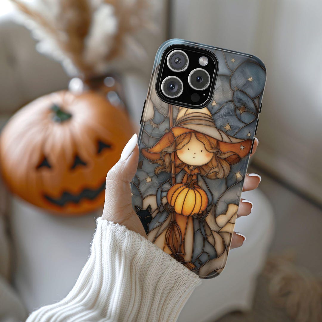 Cute Fall Witch Phone Case Cottagecore Faux Stained Glass Pumpkin Witch ...