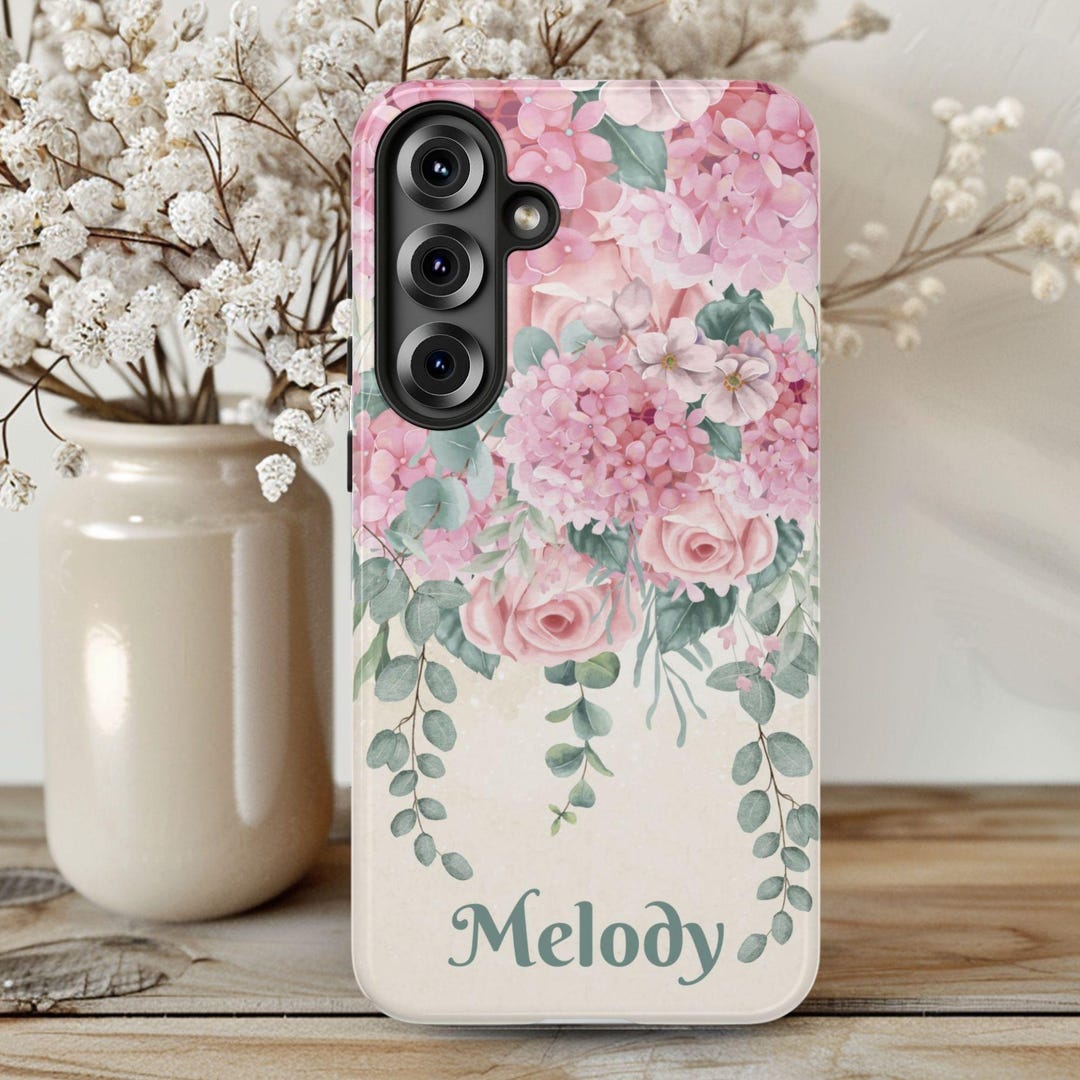 Personalized Pink Floral Phone Case, Custom Name Rose Hydrangea Flower ...