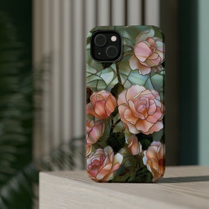 Pink Roses Magesafe Compatible Phone Case Faux Stained Glass Floral ...