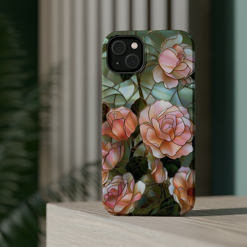 Pink Roses Magesafe Compatible Phone Case Faux Stained Glass Floral ...