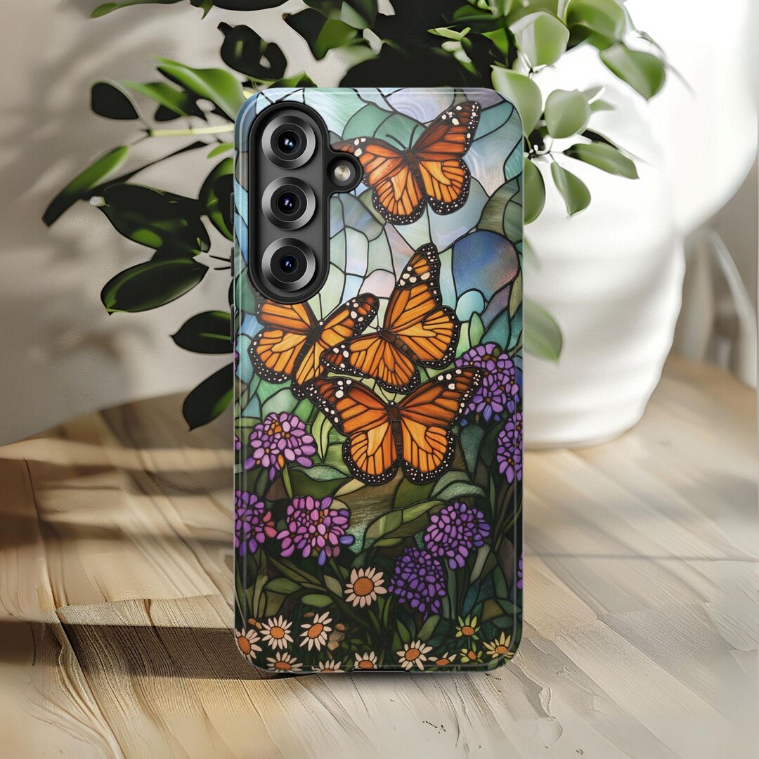 Monarch Butterfly Phone Case Milkweed Flower Faux Stained Glass Cover ...